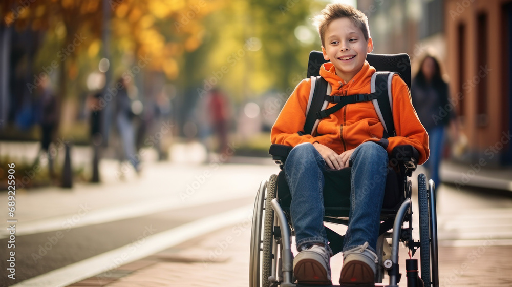 School Wheelchair Accessibility. Happy Young Kid Boy in Wheelchair ...