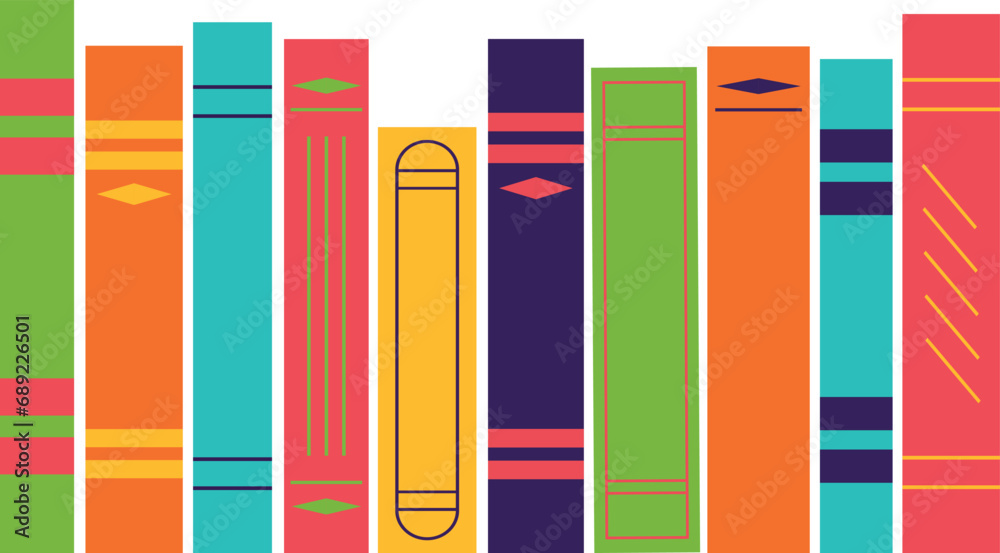 Multicolored book spines. Row books on a transparent background, design ...