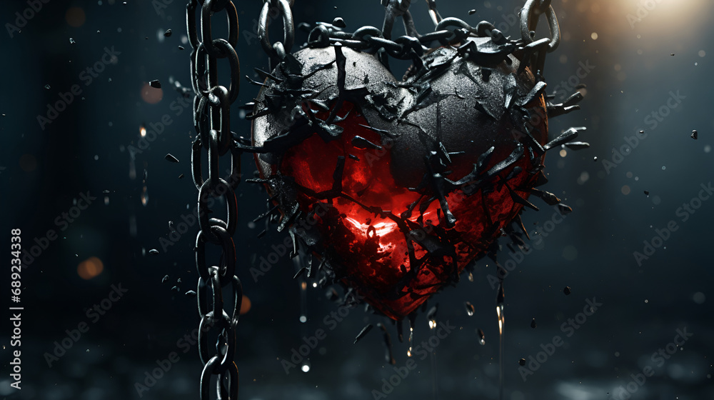 broken red heart in chains in the rain parting with a loved one Stock ...