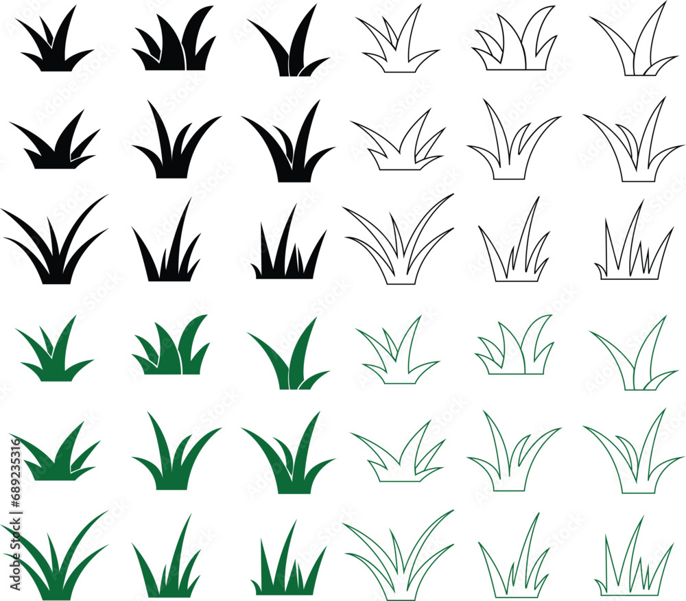 Flat Lawn grass Icons Set. Cartoon of plants and shrub for boarding and ...