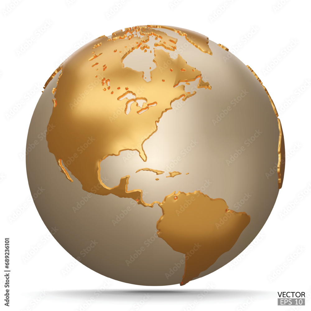 3D gold Earth Globes with shadow on white background. Golden Modern ...