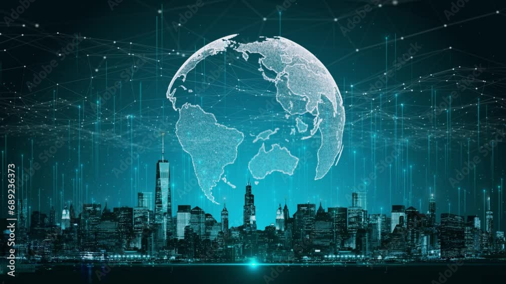 4K Modern city scape Wireless network connection technology concept ...