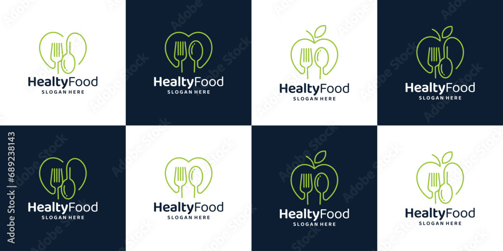 Vetor de Collection of health food logo design template. heart love ...