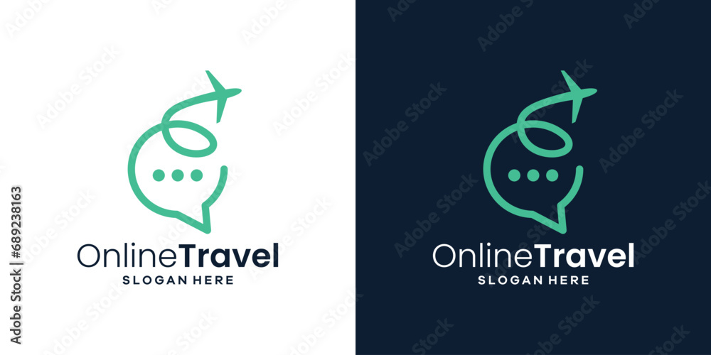 Online travel logo design template. Chat bubble logo with plane design ...
