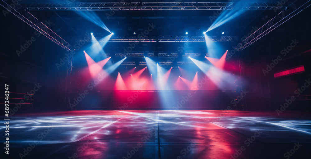 club interior with color beams of lamps. Stage illuminated by blue and ...