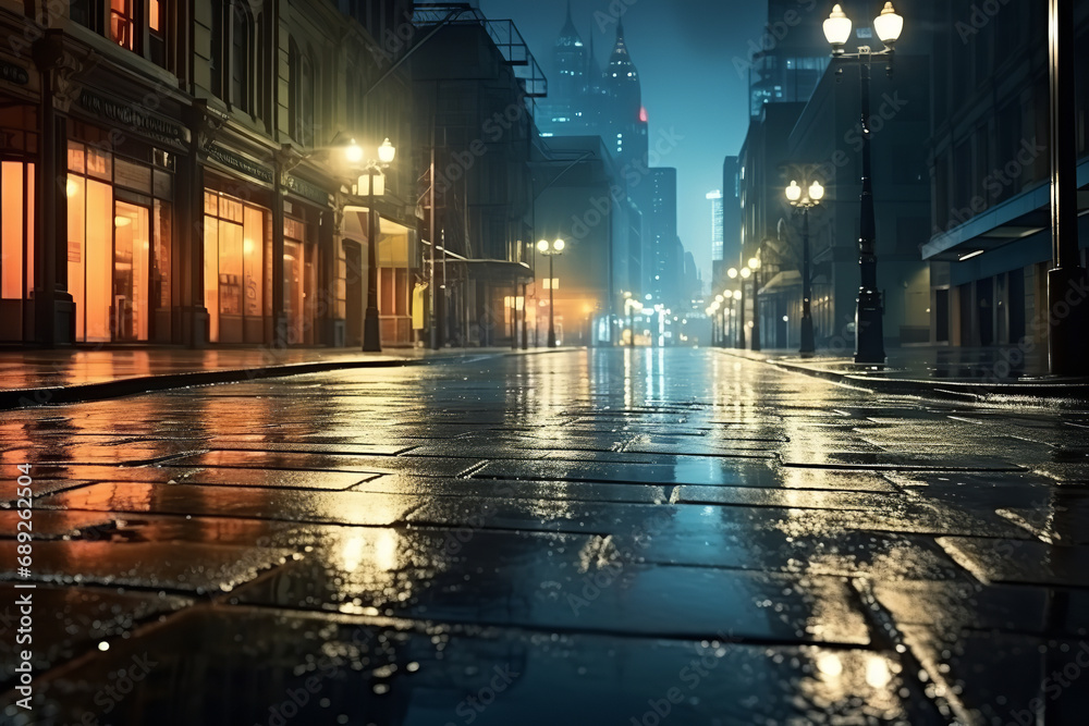 A rain-soaked city street at night illuminated by glowing lights, with ...