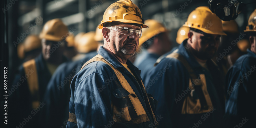Diverse industrial workforce, wearing hardhats, showcasing ...