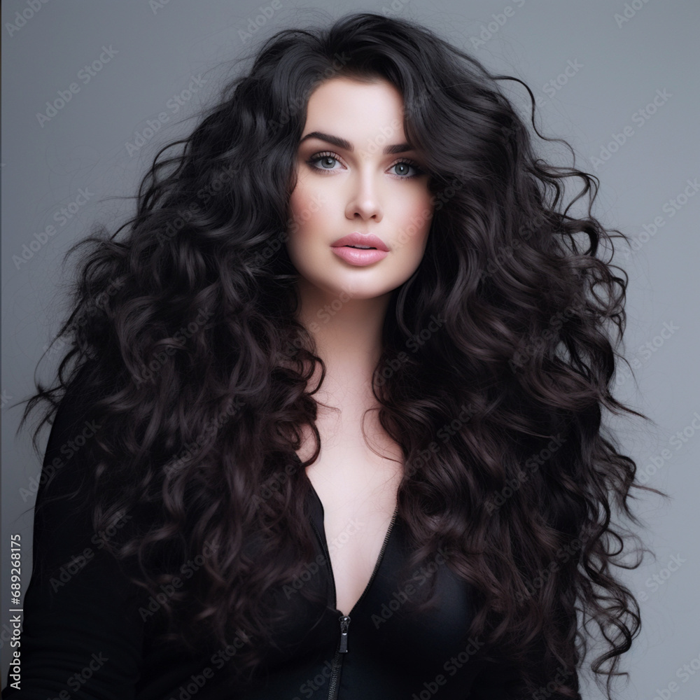a 30 years old plus size supermodel with long dark curly hair ...