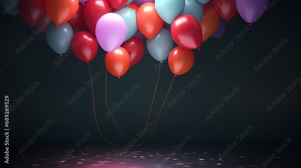 Balloons in a dark virtual backgrounds. A 3D render with copy space ...