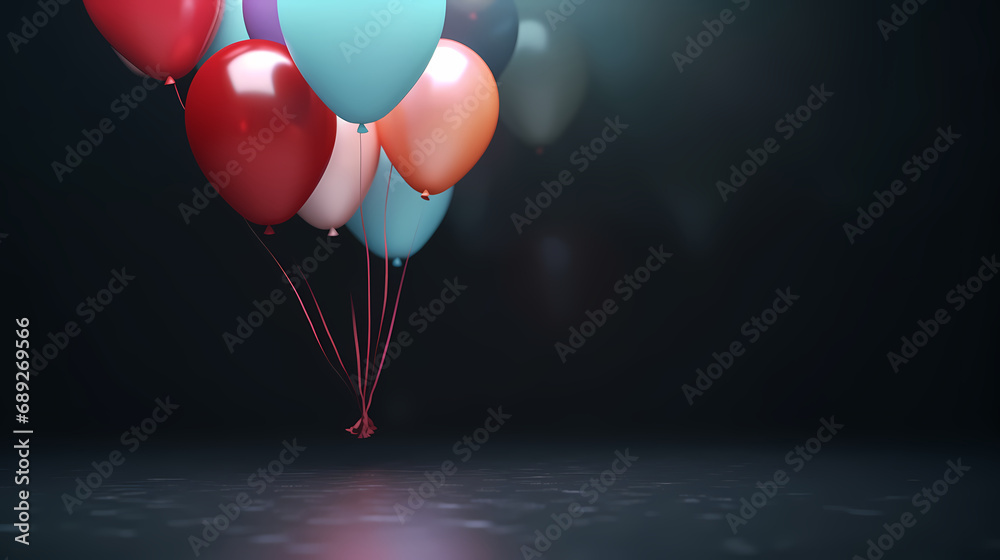Balloons in a dark virtual backgrounds. A 3D render with copy space ...