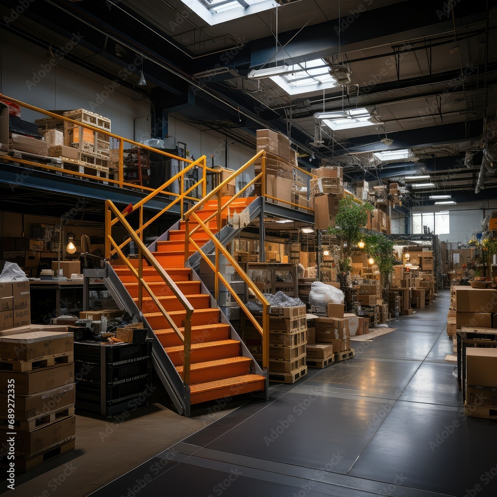 warehouse indoor view with a mezzanine level, showcasing boxes stored ...