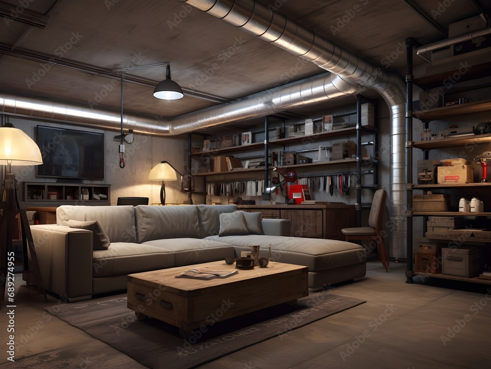 A cozy den with modern interior design, featuring a comfortable studio ...