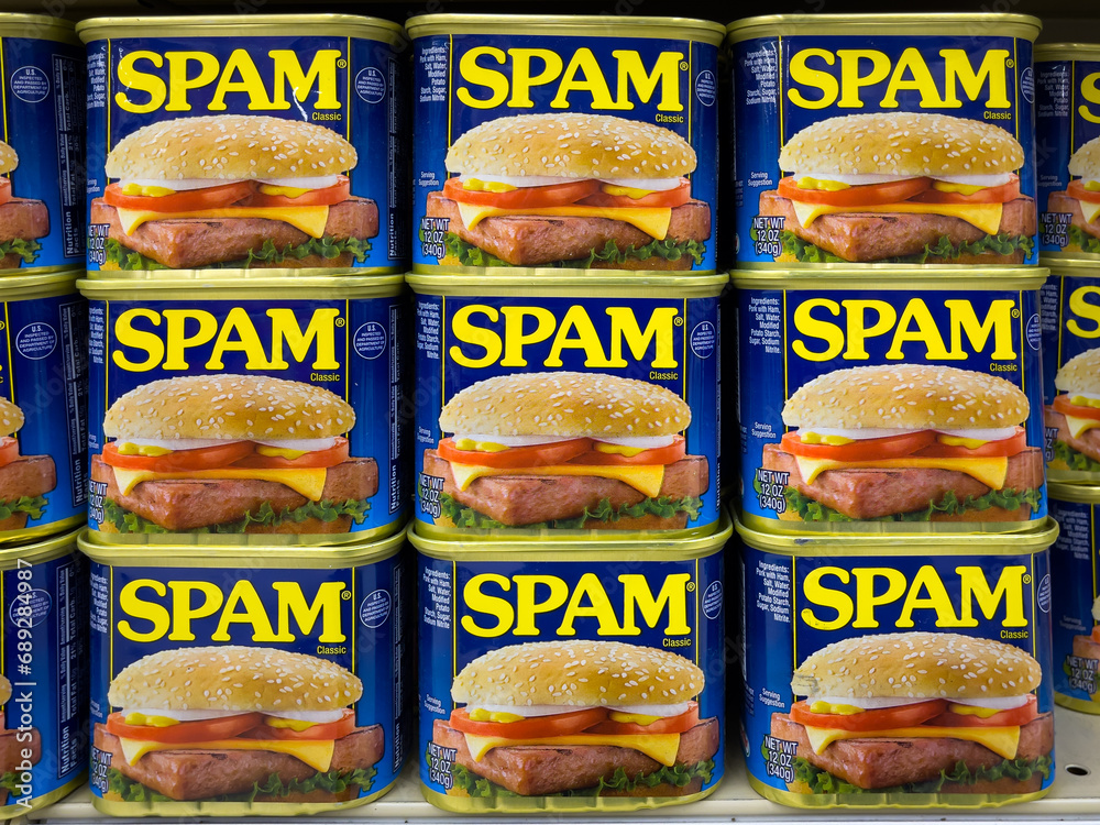 ATLANTA, GEORGIA - DECEMBER 6, 2023 : Spam tinned meat on grocery store ...