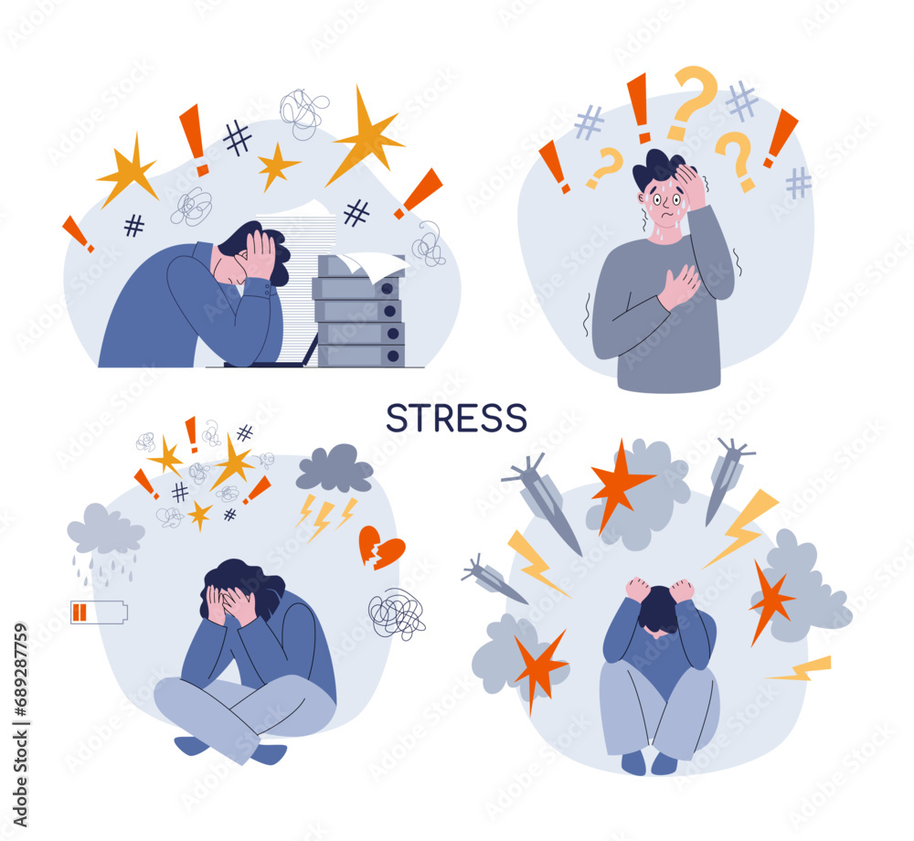 Stressed people vector illustrations set. People surrounded by ...