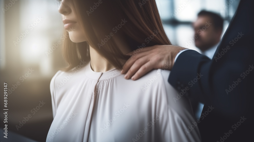 sexual harassment concept with businessman touching female colleague on ...