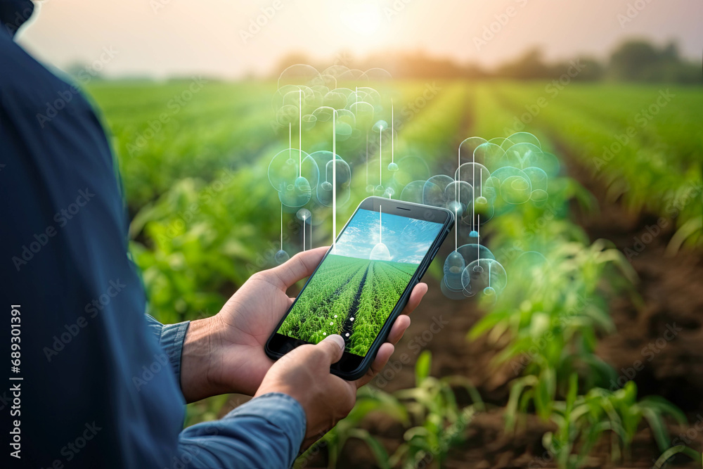 Smart farming concept, A farmer holding smartphone using management ...