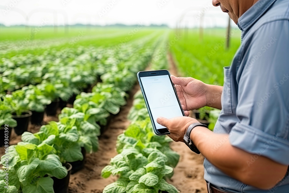 Smart farming concept, A farmer holding smartphone using management ...