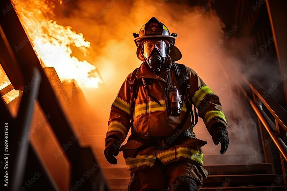 Strong and brave Firefighter Going Up The Stairs in Burning Building ...