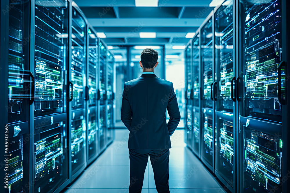 engineer working in the server room/researcher working in the lab with ...