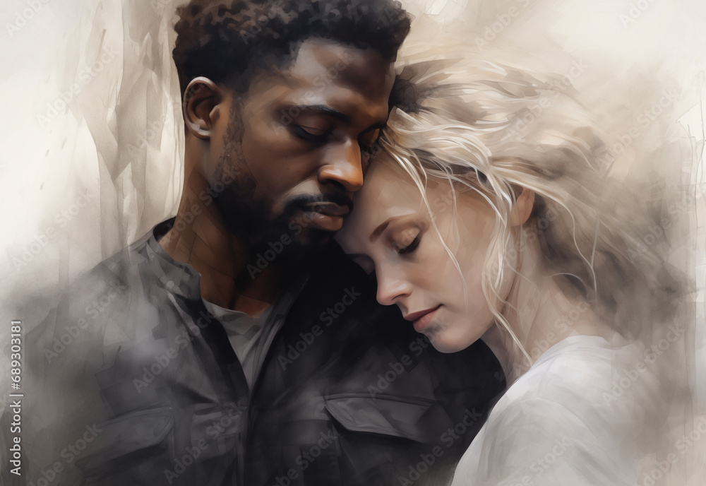 Interracial couple in love - abstract painting with brush strokes ...