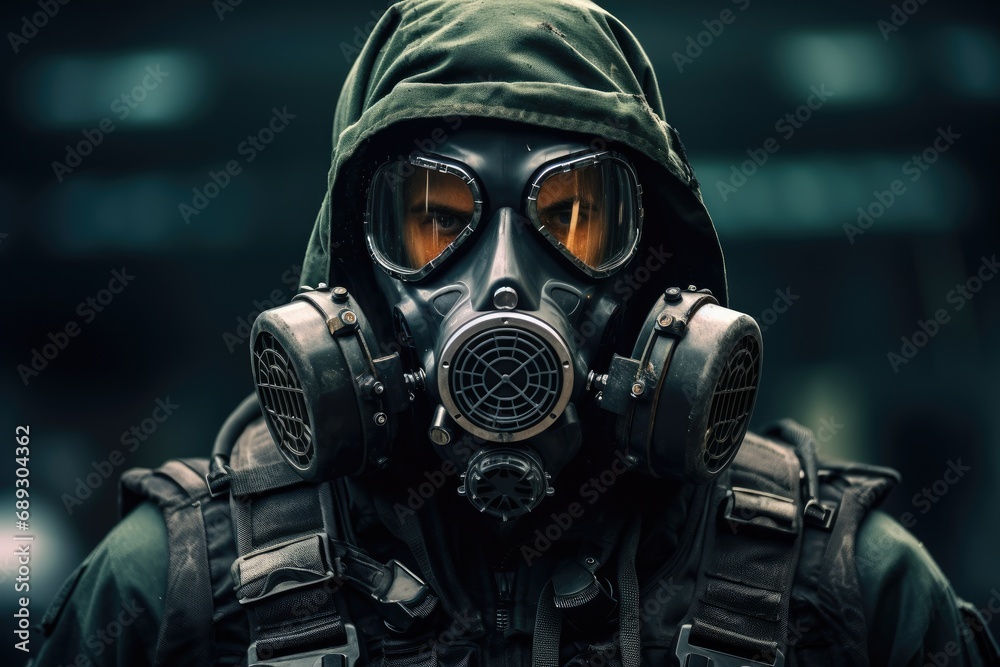 Portrait of a man in a gas mask on a blurred background, A modern elite ...