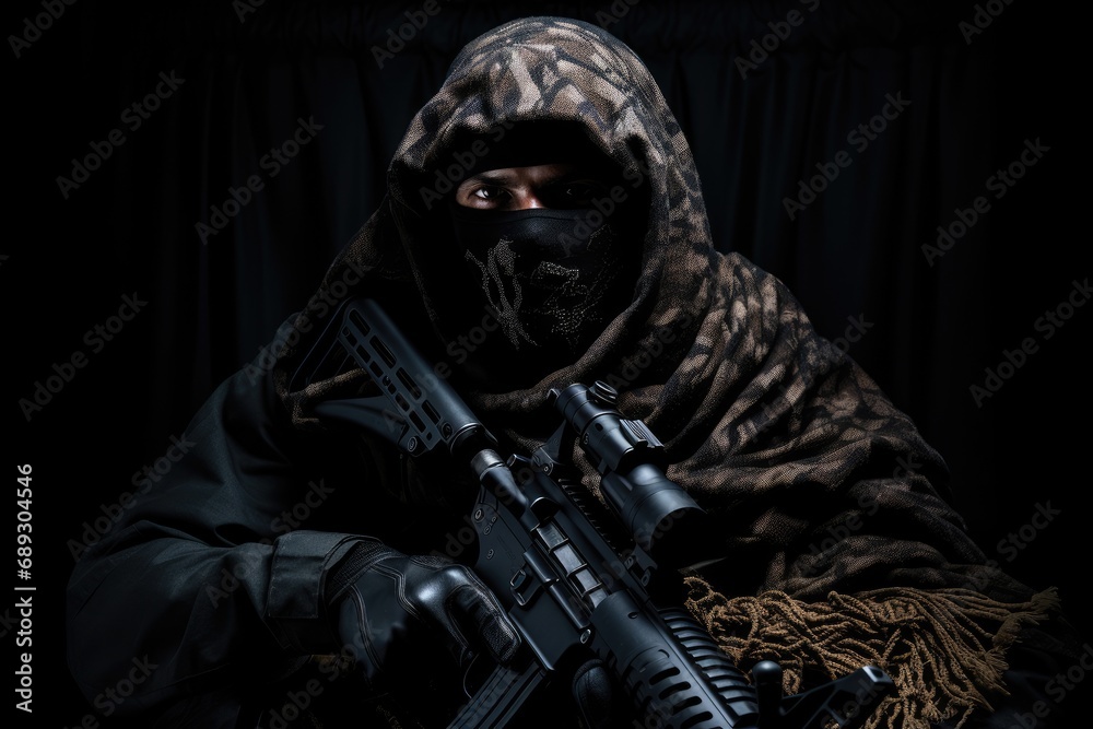 Armed man in a mask with a machine gun on a black background, A fully ...