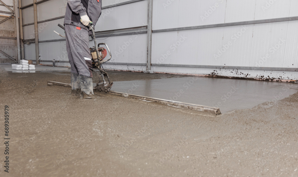 Construction site of buildings pouring cement. Top view new screed ...