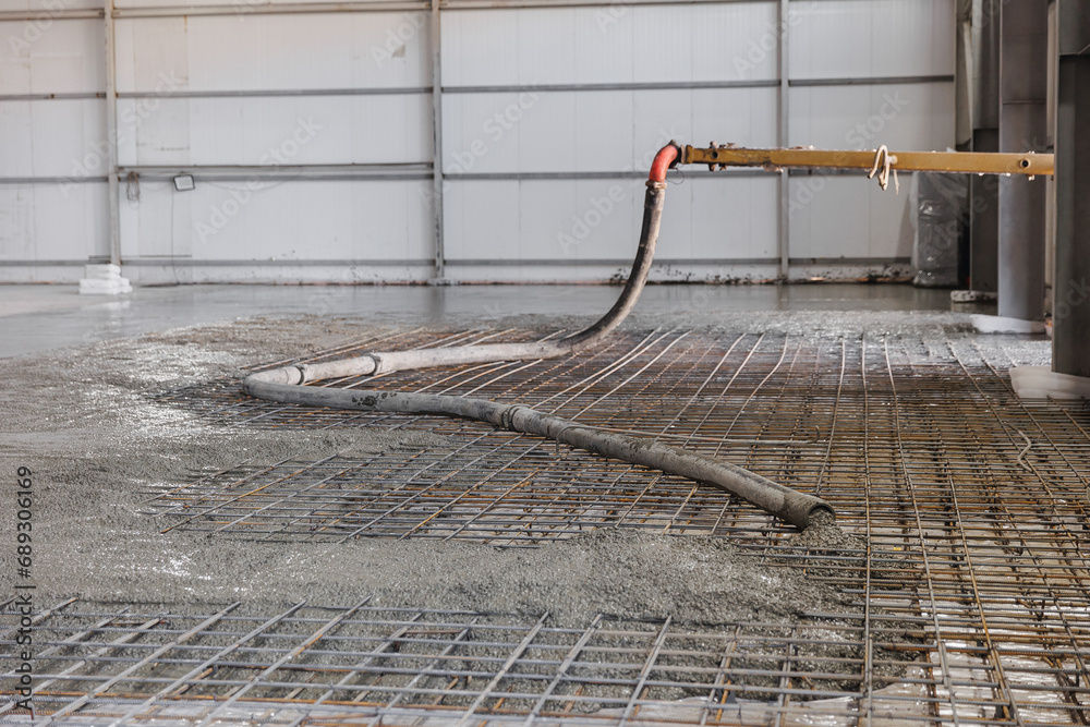 Building site with pipe with concrete of pump truck , Iron frame for ...