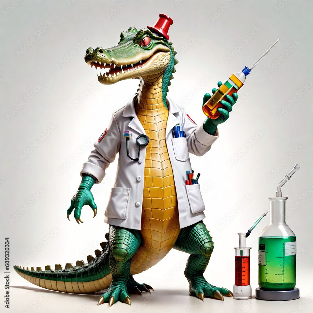 anthropomorphic caricature Crocodile wearing a chemistry clothing with ...
