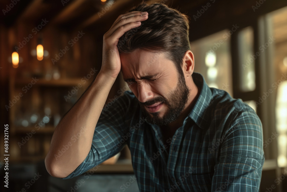 Man suffering from headache. Male person with painful facial expression ...