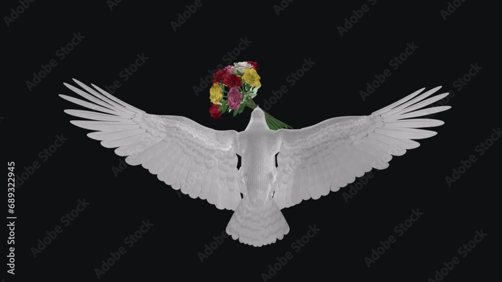 White Dove Bird with Bouquet of Colorful Rose Flowers - Flying Loop ...