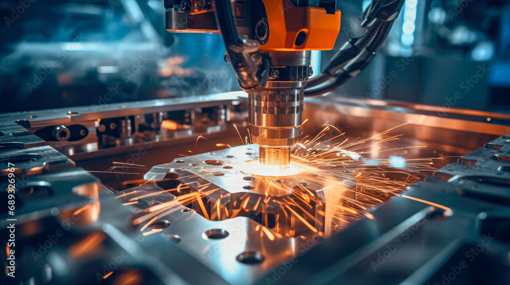 CNC milling machine cutting the sheet metal with the sparking light. hi ...