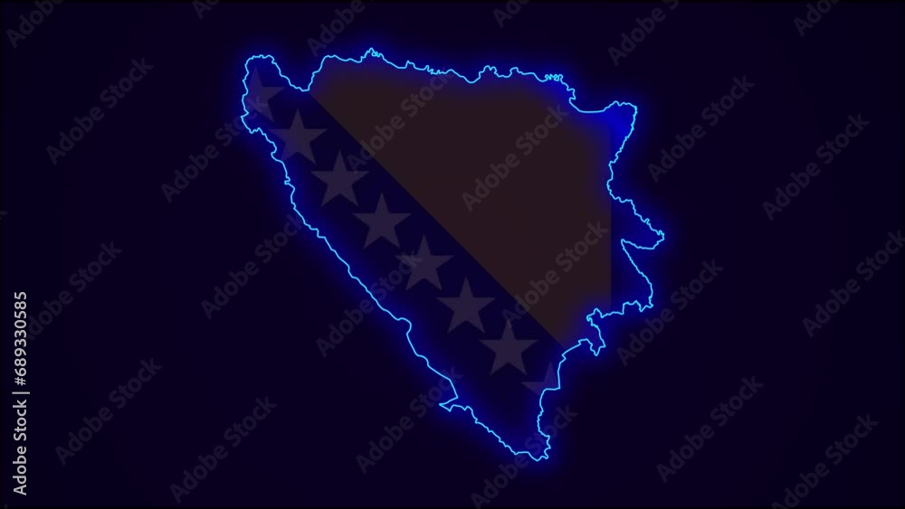 Bosnia and Herzegovina Map Outline Country Border on dark blue. Neon ...