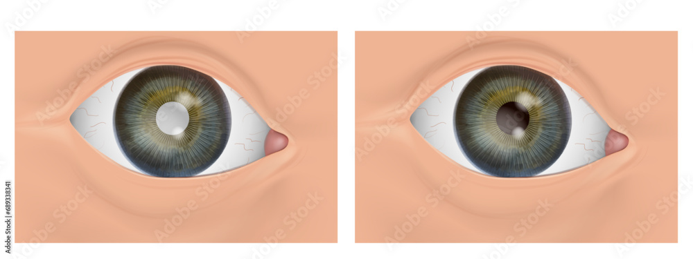 Cataracts and healthy eye. Eyes before and after cataract removal with ...