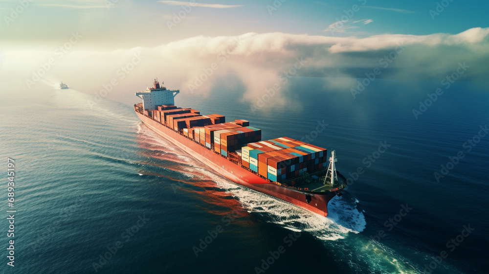 Cargo ship at sea focusing on logistics of freight transportation with ...