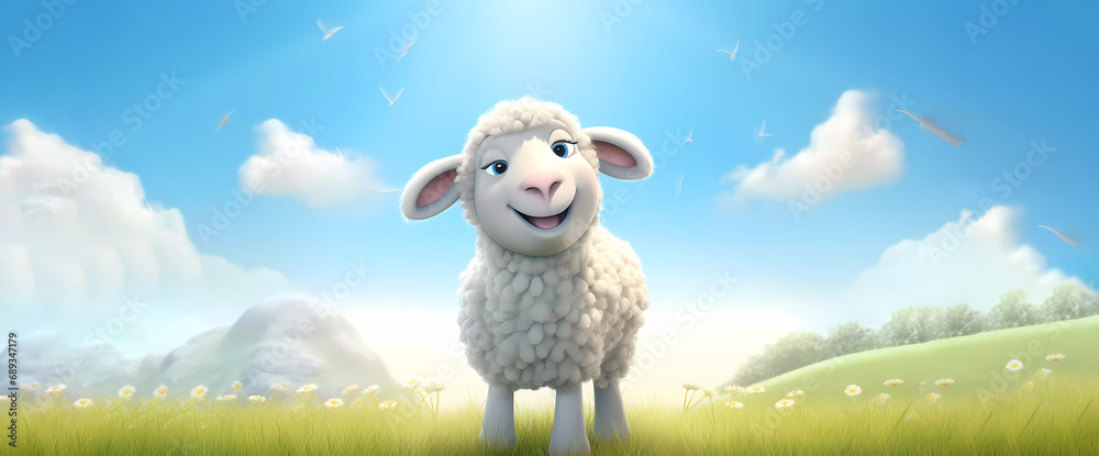 Cartoon. Sheep in the meadow. Banner. Generated AI. Modified in ...