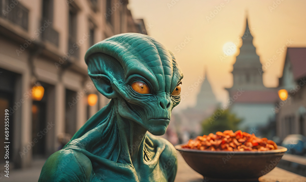 closeup of a green alien with orange eyes in front of ancient cityscape ...