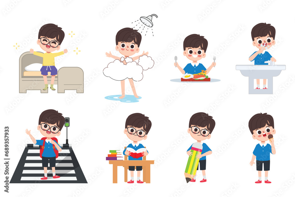 Cute cartoon boy student character. Cartoon Kid in daily routine ...