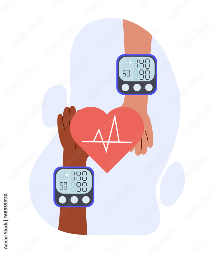 Blood pressure measurement concept. Two hands with tachometer. Health ...