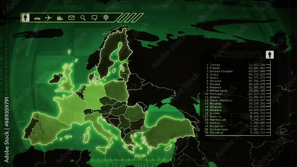 European Map with Countries, Airports, Roads and Railroads. Green. Zoom ...