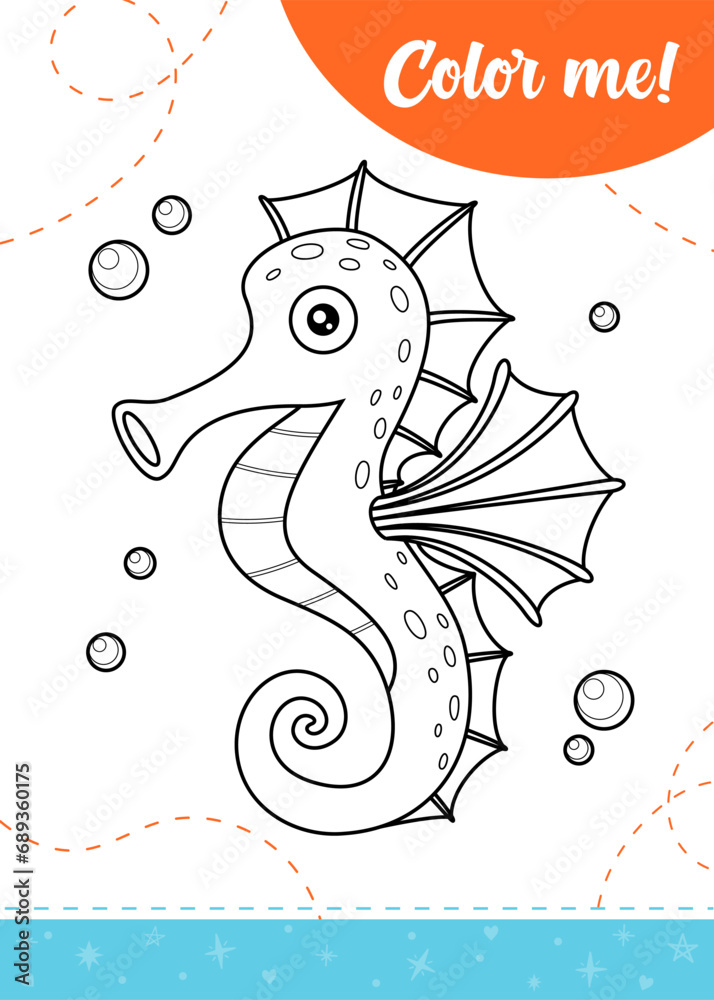 Coloring page for kids with cartoon sea horse. A printable worksheet ...