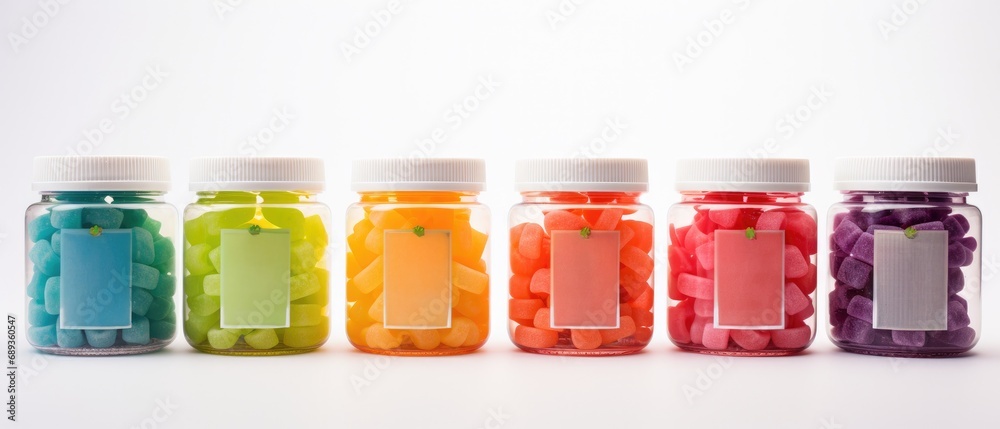 Row of colorful assorted candies in transparent bottles with blank ...