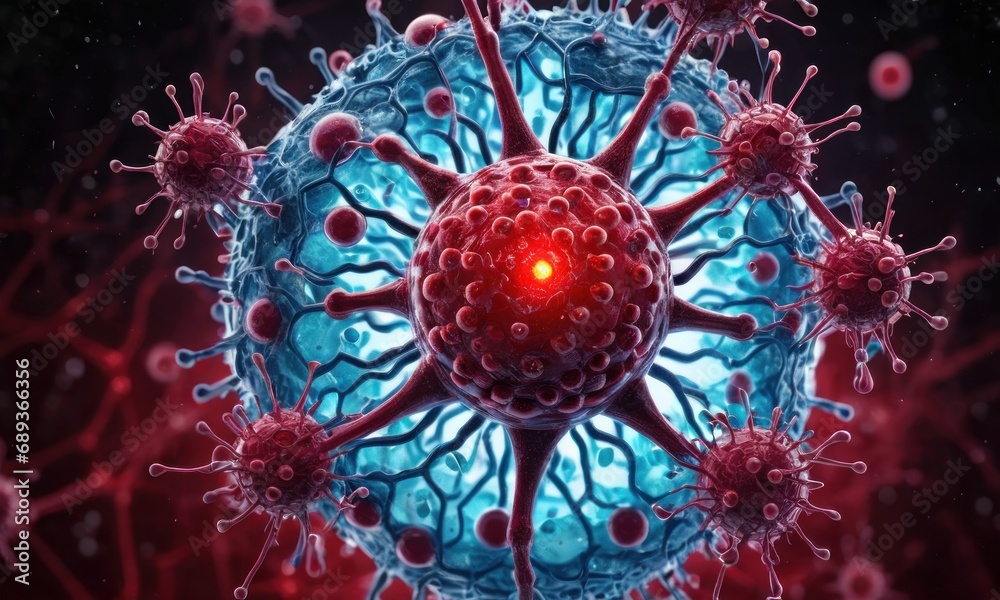 Abstract microbe flying among other bacteria on blue background ...