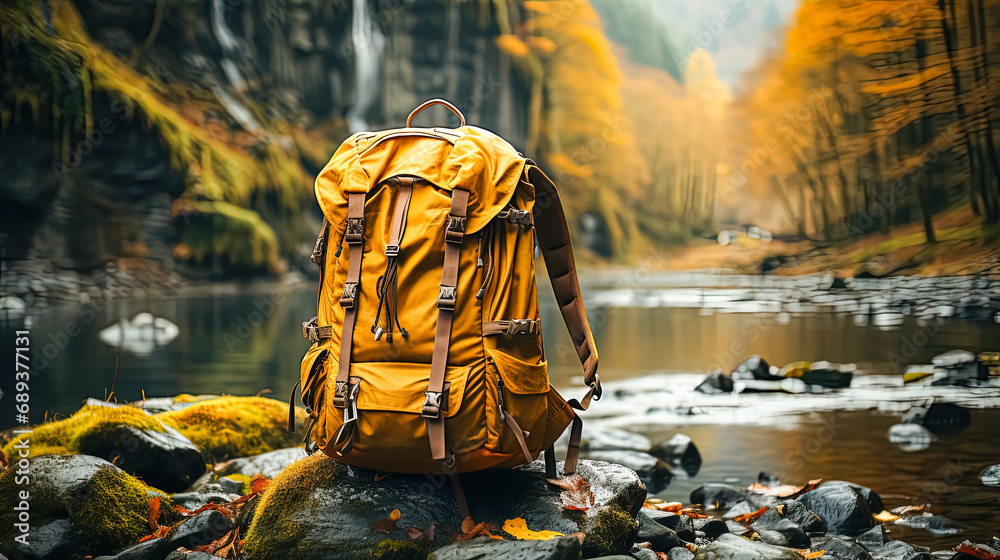 Trail essentials, Stock photo featuring a hiking backpack against a ...