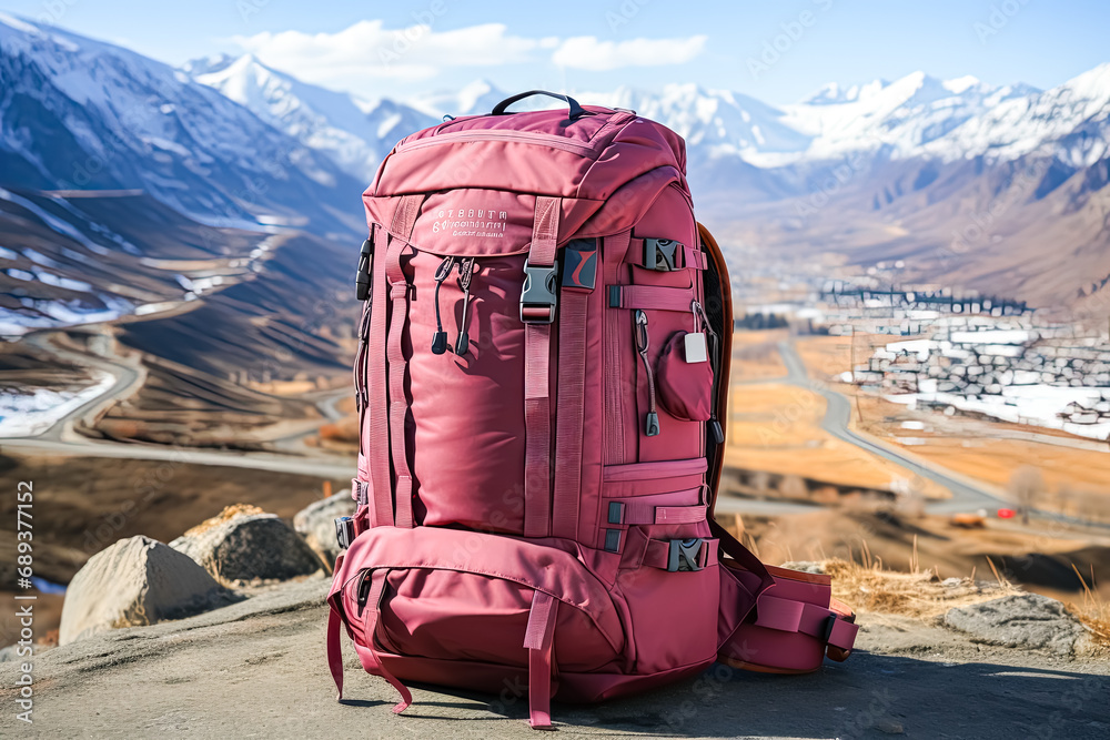 Trail essentials, Stock photo featuring a hiking backpack against a ...