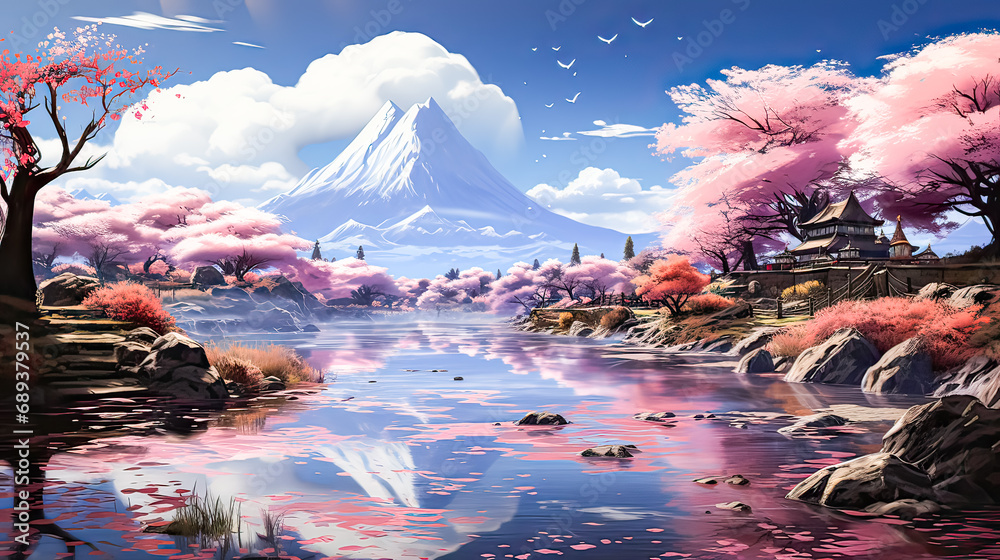 Sakura dreams, Illustrations of Japan adorned in cherry blossoms, a ...