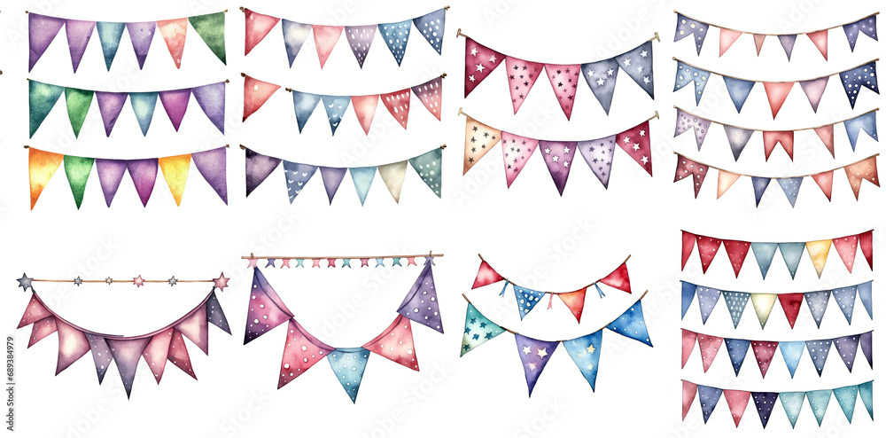 Watercolor multicolored bunting flags clipart set isolated on a white ...