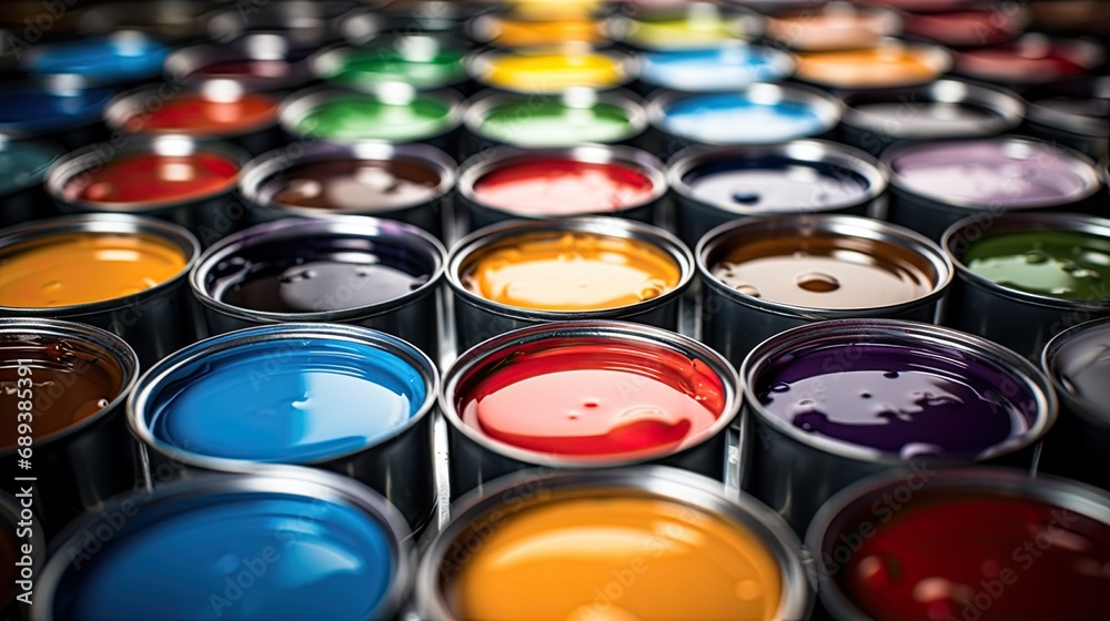open cans of paint of different colors, a varied color palette. The ...