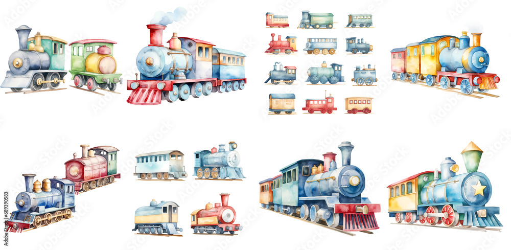 Watercolor freight train engine, caboose and train cars set isolated on ...