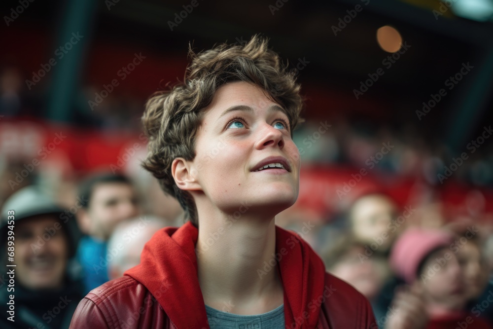Short-haired lady, captivated by the match, expresses unbridled joy and ...
